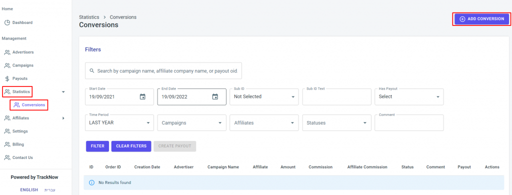 Conversions Statistics – Tracknow
