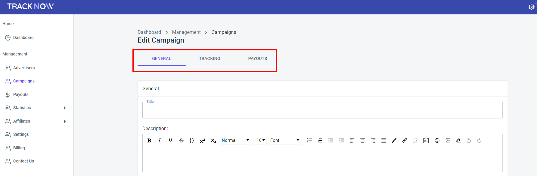 Create a Campaign - Tracknow