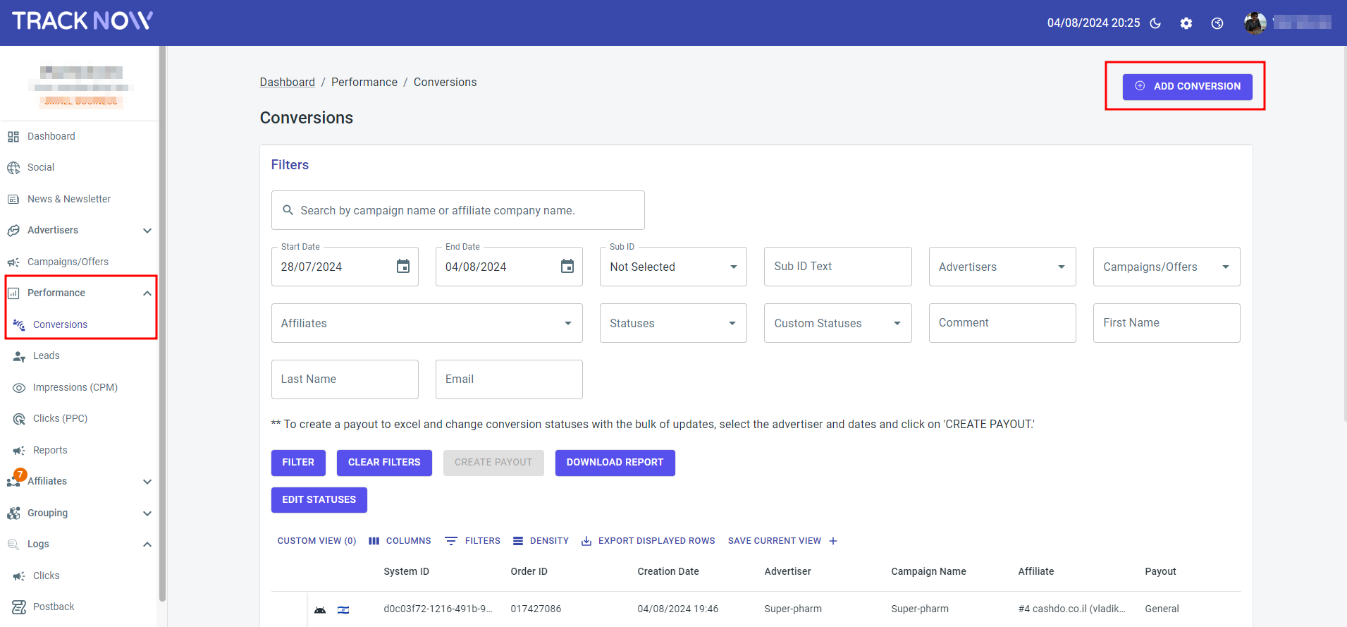 Conversions Statistics – Tracknow
